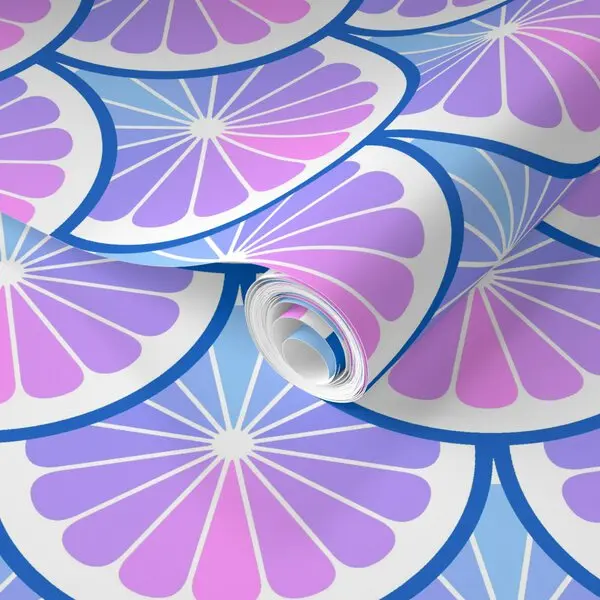 Spoonflower Citrus Scale Scallop Fruit Fruity Circle Custom Pre-pasted Wallpaper - Purple,blue