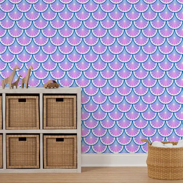 Spoonflower Citrus Scale Scallop Fruit Fruity Circle Custom Removable Wallpaper - Purple,blue