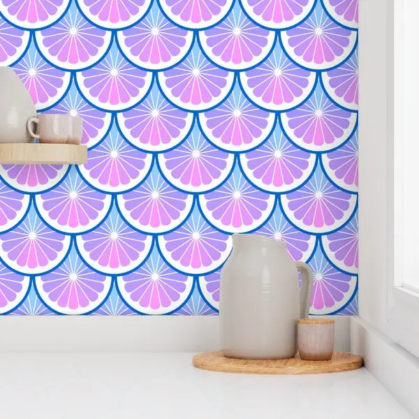 Spoonflower Citrus Scale Scallop Fruit Fruity Circle Custom Removable Wallpaper - Purple,blue