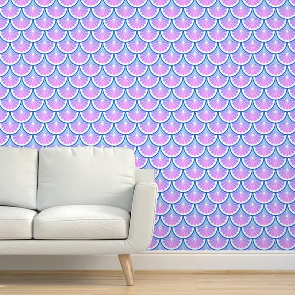 Spoonflower Citrus Scale Scallop Fruit Fruity Circle Custom Removable Wallpaper - Purple,blue