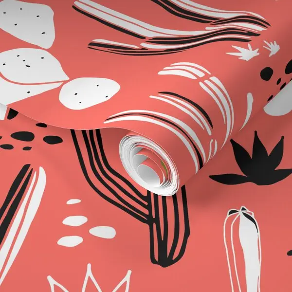 Spoonflower Nature Modern Sketch Coral Cactus Desert Traditional Wallpaper - Red,brown,pink