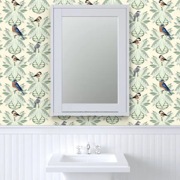 Spoonflower Bird Custom Pre-pasted Wallpaper - Green,gray