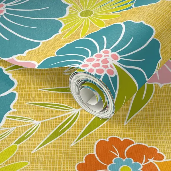 Spoonflower Jewel Floral Vintage Flowers Teal Retro Custom Pre-pasted Wallpaper - Yellow,blue,white