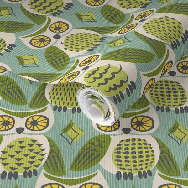 Spoonflower Owls Avocado Bird Owl Kitsch Vintage Custom Removable Wallpaper - Green,blue,yellow