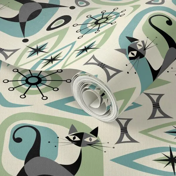 Spoonflower Retro Geometric Abstract Cat 1950s Cats Fifties Traditional Wallpaper - Sage,green,blue