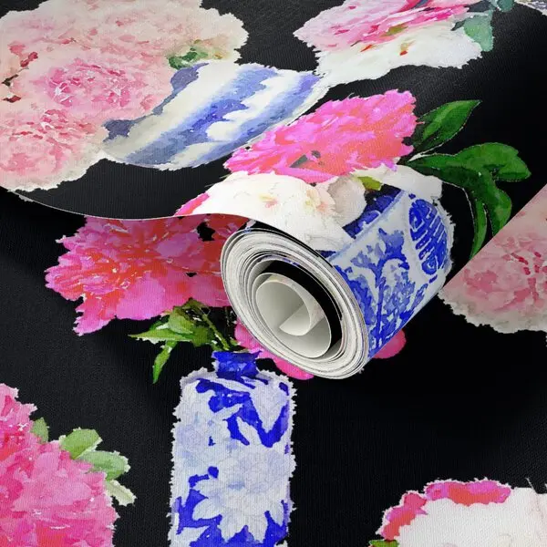 Spoonflower Pink Floral Watercolor Peony Blue And White Custom Removable Wallpaper - Pink,black,purple