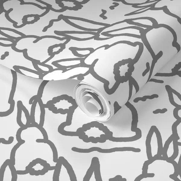 Spoonflower Bunnies Rabbits Bunny Grey Small Traditional Wallpaper - White,gray