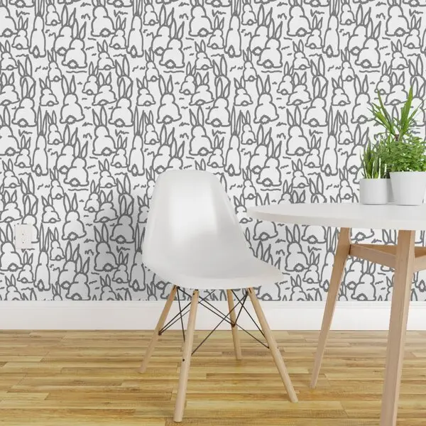 Spoonflower Bunnies Rabbits Bunny Grey Small Traditional Wallpaper - White,gray