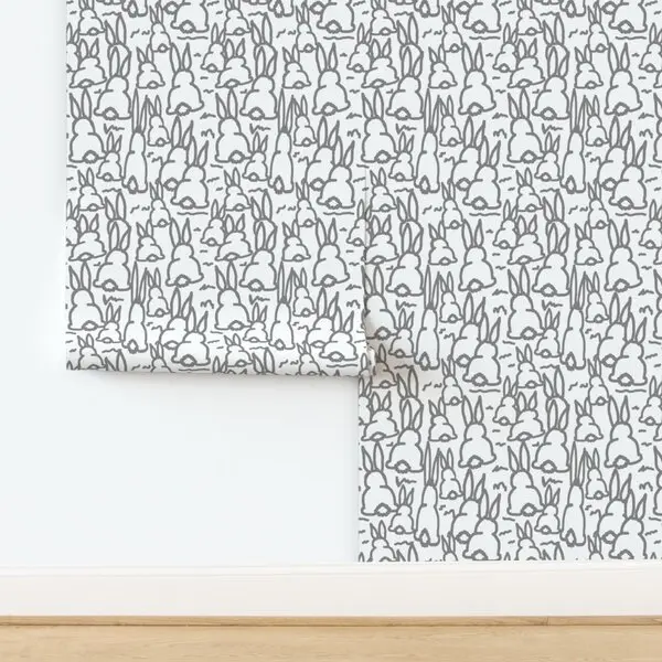 Spoonflower Bunnies Rabbits Bunny Grey Small Traditional Wallpaper - White,gray