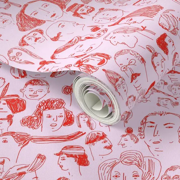 Spoonflower Pink Red Hand Drawn Illustration Wacky Face Custom Pre-pasted Wallpaper - Pink,brown