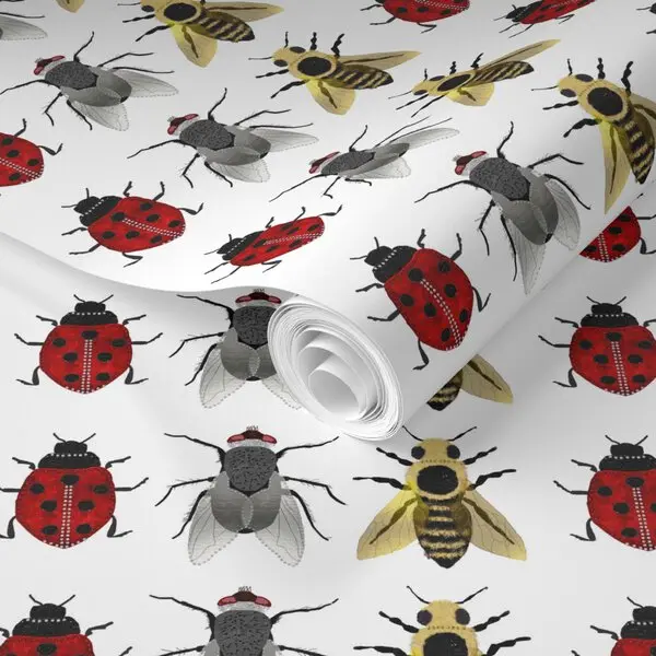 Spoonflower Insects Bugs Ladybug Bee Fly Bejeweled Embellished Custom Removable Wallpaper - Gray,brown