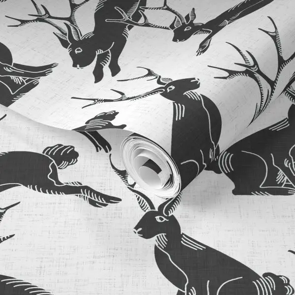 Spoonflower Black White Rabbit Antlers Woodland Whimsical Gray Custom Removable Wallpaper - Black,white,gray
