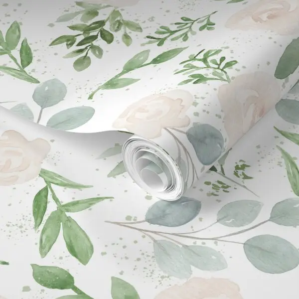 Spoonflower Rose White Roses Eucalyptus Greenery Boho Floral Traditional Wallpaper - Green,pink,gray