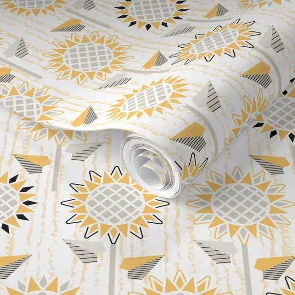 Spoonflower Sunflower Field Yellow And Custom Pre-pasted Wallpaper - Gray,black,yellow