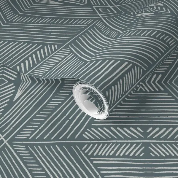 Spoonflower Blue Lines Symmetry Geography Mudcloth Traditional Wallpaper - Gray,blue,teal