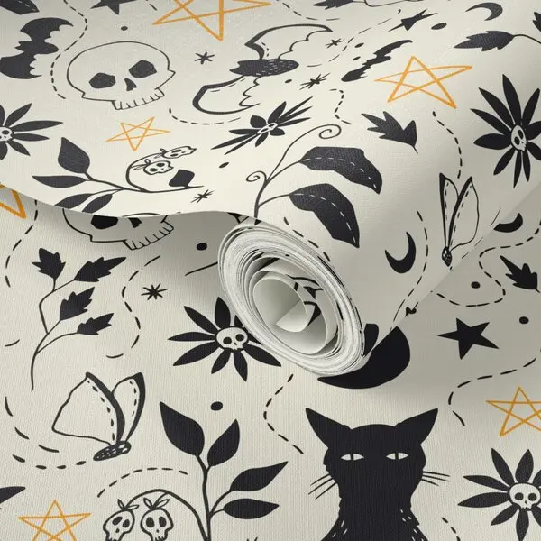 Spoonflower Halloween Ivory Orange Black Cat Stars Bats Skulls Custom Pre-pasted Wallpaper - Beige,black,green