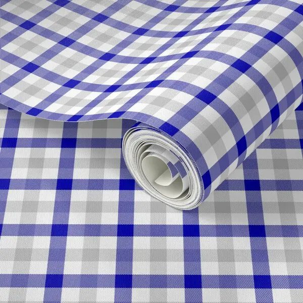 Spoonflower Cobalt Blue Silver Grey Gingham Bluegingham Check Custom Removable Wallpaper - Gray,purple,blue