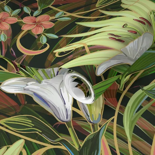 Spoonflower Tropical Art Nouveau Hawaiian Exotic Lilies Custom Pre-pasted Wallpaper - Green,beige,sage