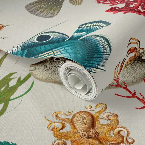 Spoonflower Ocean Sea Water Shoal Of Fish Coastal Marine Custom Pre-pasted Wallpaper - Beige,blue,gray