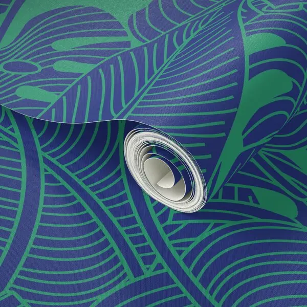 Spoonflower Tropical Leaves Monstera Blue And Green Custom Pre-pasted Wallpaper - Green,blue