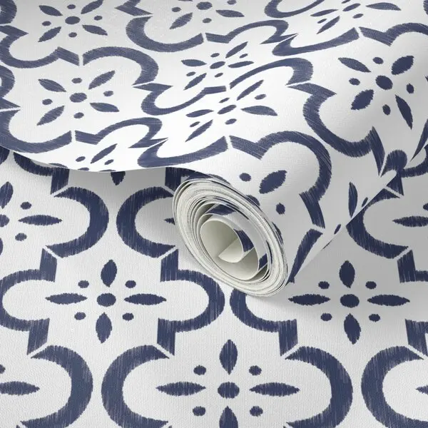 Spoonflower Navy White Ikat Moroccan Flowers Floral Tile Custom Removable Wallpaper - Blue,white,gray