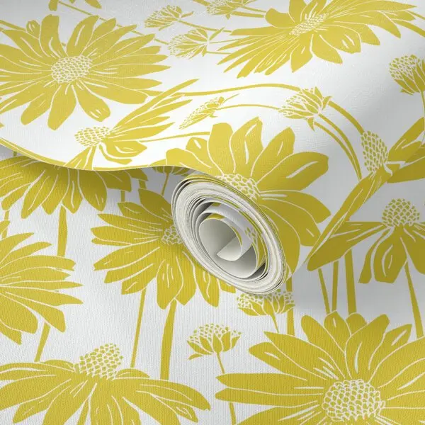 Spoonflower Yellow Flowers Wild Daisy Meadow Custom Removable Wallpaper - Yellow,white,green