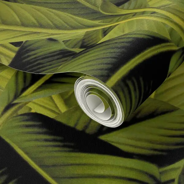 Spoonflower Palm Leaves Botanical Green Tropical Banana Leaf Custom Pre-pasted Wallpaper - Green,yellow,brown