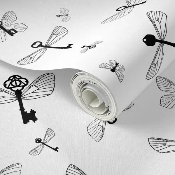 Spoonflower Key Wizard Harry Flying Keys Traditional Wallpaper - Black,white,gray