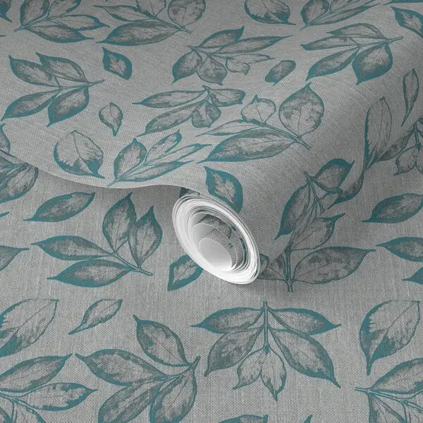 Spoonflower Leaves Teal Garden Botanical Bark Cloth Grey And Custom Removable Wallpaper - Gray,blue,teal