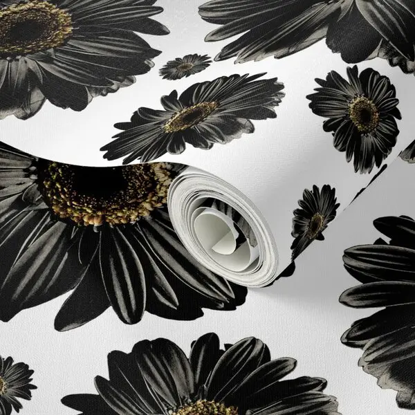 Spoonflower Flower Floral Gothic Daisies Daisy Traditional Wallpaper - Black,white,gray