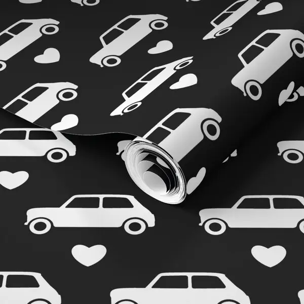 Spoonflower Black And White Hearts Car British Monochrome Custom Pre-pasted Wallpaper - Black,white,gray