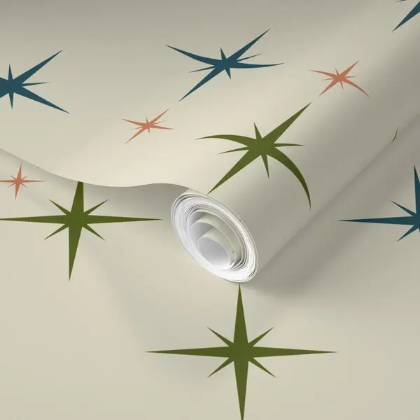 Spoonflower Retro Atomic Starburst 1950s Custom Pre-pasted Wallpaper - Beige,green