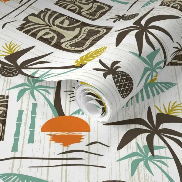 Spoonflower Island Tiki White Orange Sunset Custom Pre-pasted Wallpaper - Green,brown,gray