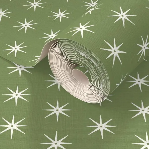 Spoonflower Olive And White Stars 100% Natural Sisal Grasscloth Wallcovering - Green,white
