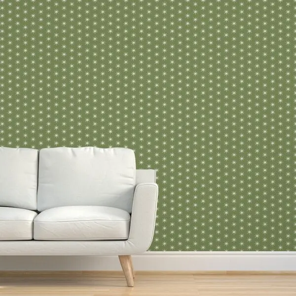 Spoonflower Olive And White Stars 100% Natural Sisal Grasscloth Wallcovering - Green,white
