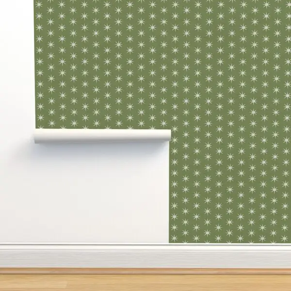 Spoonflower Olive And White Stars 100% Natural Sisal Grasscloth Wallcovering - Green,white