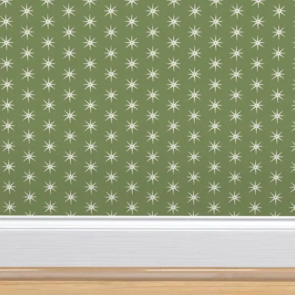 Spoonflower Olive And White Stars 100% Natural Sisal Grasscloth Wallcovering - Green,white