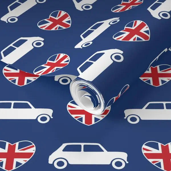 Spoonflower Blue Hearts Car Union Jack British Flag Mini Custom Removable Wallpaper - Red,blue