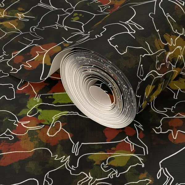 Spoonflower Cave Art Le Chauvet Gold Green Red On Black 100% Natural Sisal Grasscloth Wallcovering - Black,green