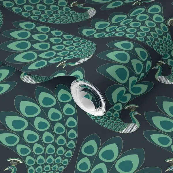 Spoonflower Emerald Green Art Deco Peacock Feathers Nouveau Custom Pre-pasted Wallpaper - Teal,green,blue