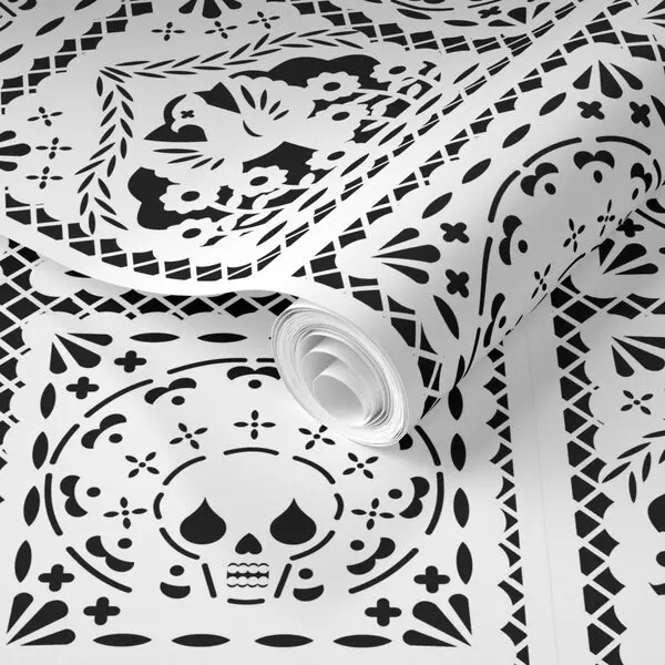 Spoonflower Papel Picado White On Black Ground Custom Pre-pasted Wallpaper - Black,white,gray
