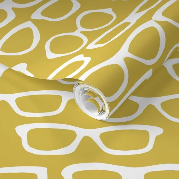 Spoonflower Trendy Fashion Nerd Geek Glasses Hipster Custom Pre-pasted Wallpaper - Yellow,beige