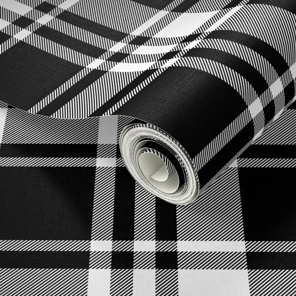 Spoonflower Monochrome Black And White Tartan Plaid Trendy Custom Removable Wallpaper - Black,white,gray