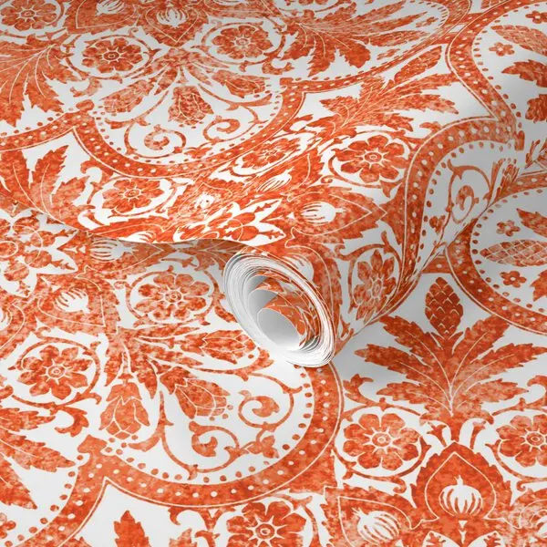 Spoonflower Orange Bourgogne Tile Antique Marquise Custom Removable Wallpaper - Orange,white,gray