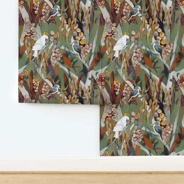 Spoonflower Bush Australia Sydney Kookaburra Cockatoo Custom Pre-pasted Wallpaper - Brown,gray