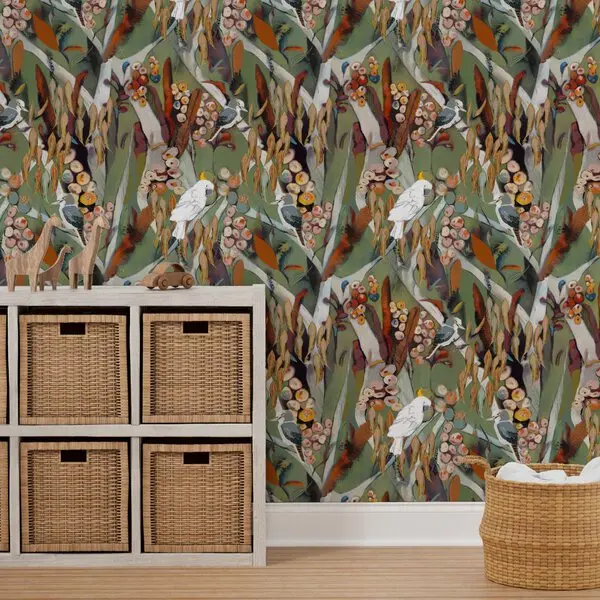Spoonflower Bush Australia Sydney Kookaburra Cockatoo Custom Pre-pasted Wallpaper - Brown,gray