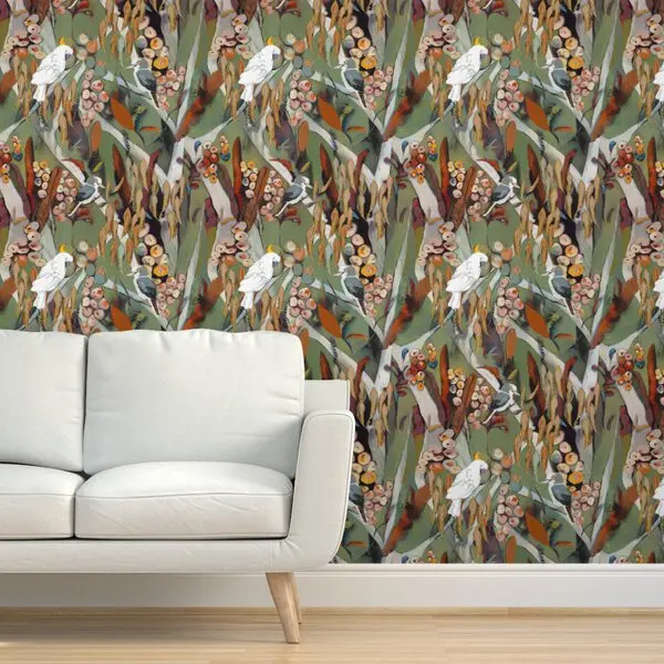 Spoonflower Bush Australia Sydney Kookaburra Cockatoo Custom Pre-pasted Wallpaper - Brown,gray