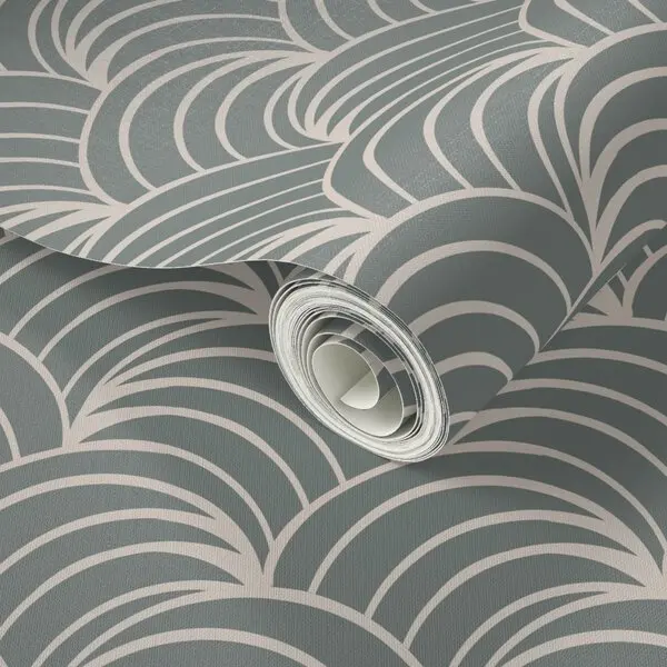 Spoonflower Grey Art Deco Nouveau 1920s Geometric Custom Pre-pasted Wallpaper - Gray,green