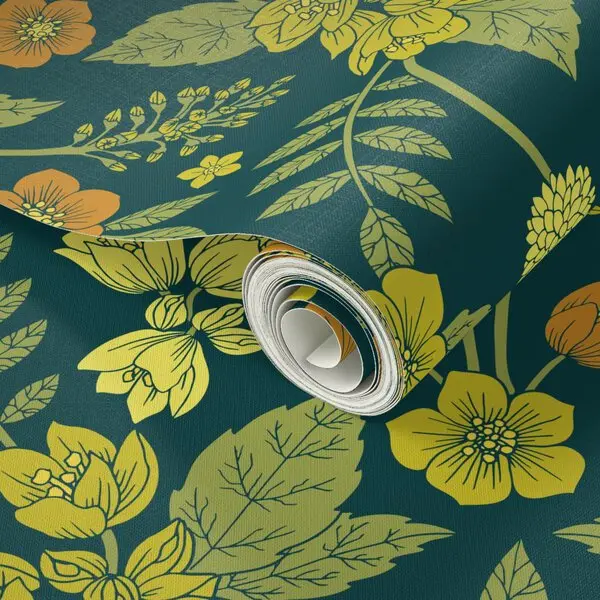 Spoonflower Green Yellow Chartreuse Flowers Teal Floral Orange Custom Pre-pasted Wallpaper - Yellow,teal,green