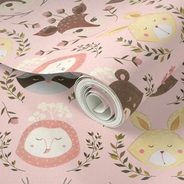 Spoonflower Woodland Faces Fox Bunny Deer Nursery Animals Pink Custom Removable Wallpaper - Pink,brown,gray